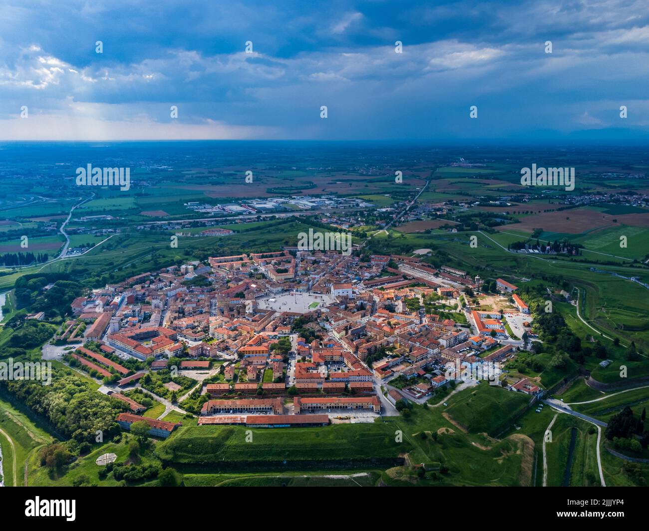 Bird's-eye view of the ancient star-shaped fortified city of Palmanova ...