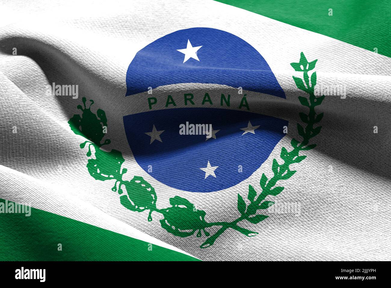 3D illustration flag of Parana is a state of Brazil. Waving on the wind ...