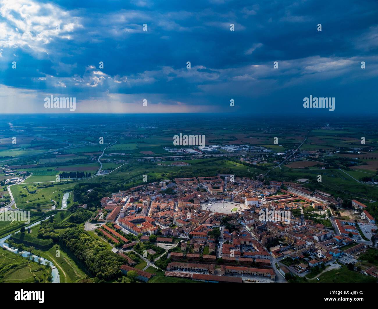 Bird's-eye view of the ancient star-shaped fortified city of Palmanova ...