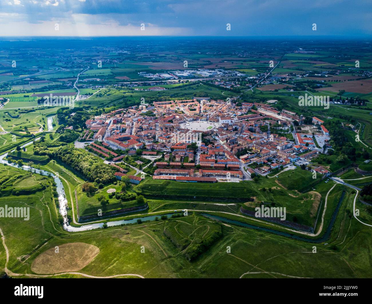 Bird's-eye view of the ancient star-shaped fortified city of Palmanova ...