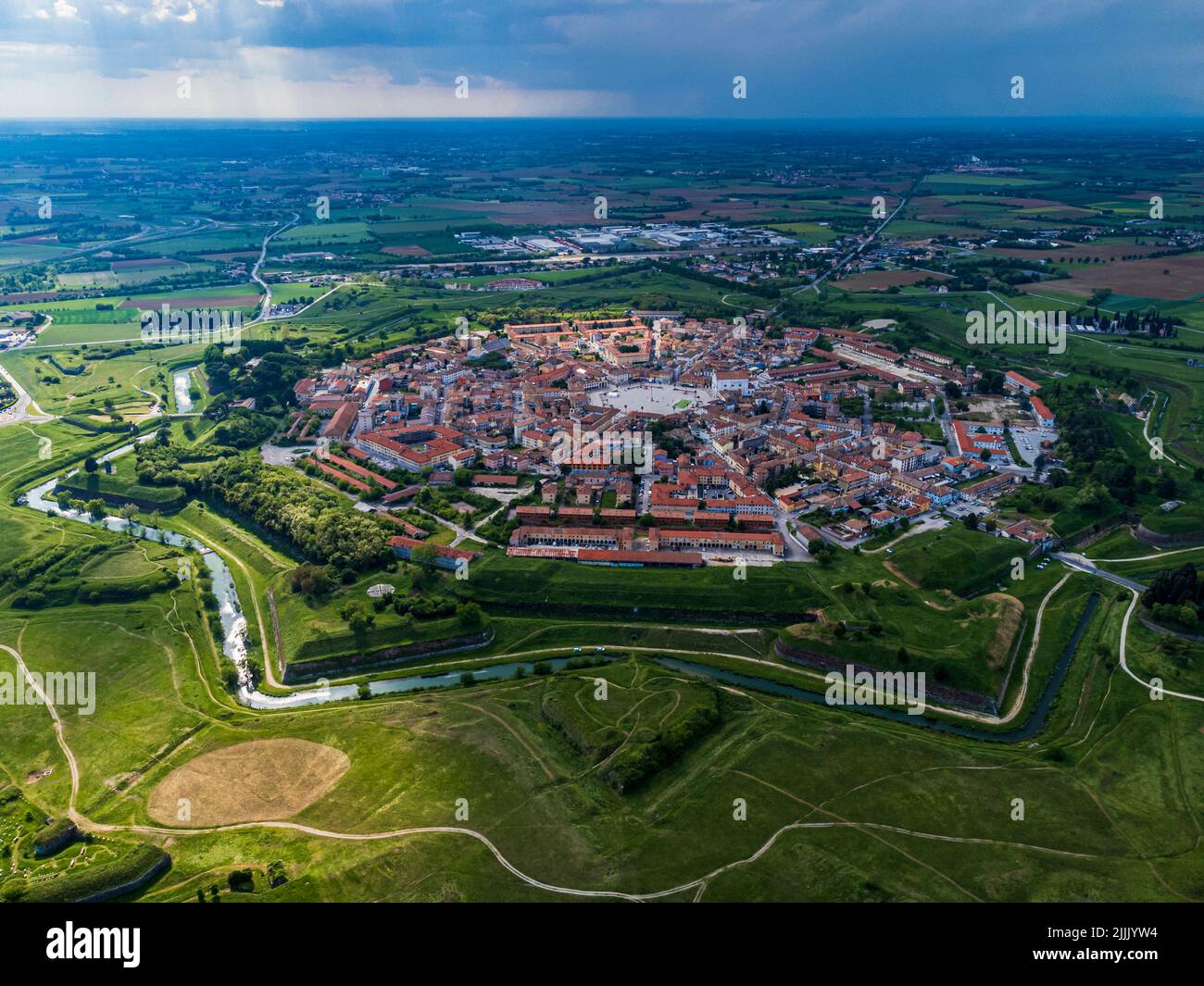 Bird's-eye view of the ancient star-shaped fortified city of Palmanova ...