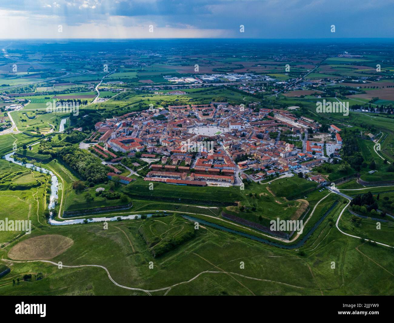 Bird's-eye view of the ancient star-shaped fortified city of Palmanova ...