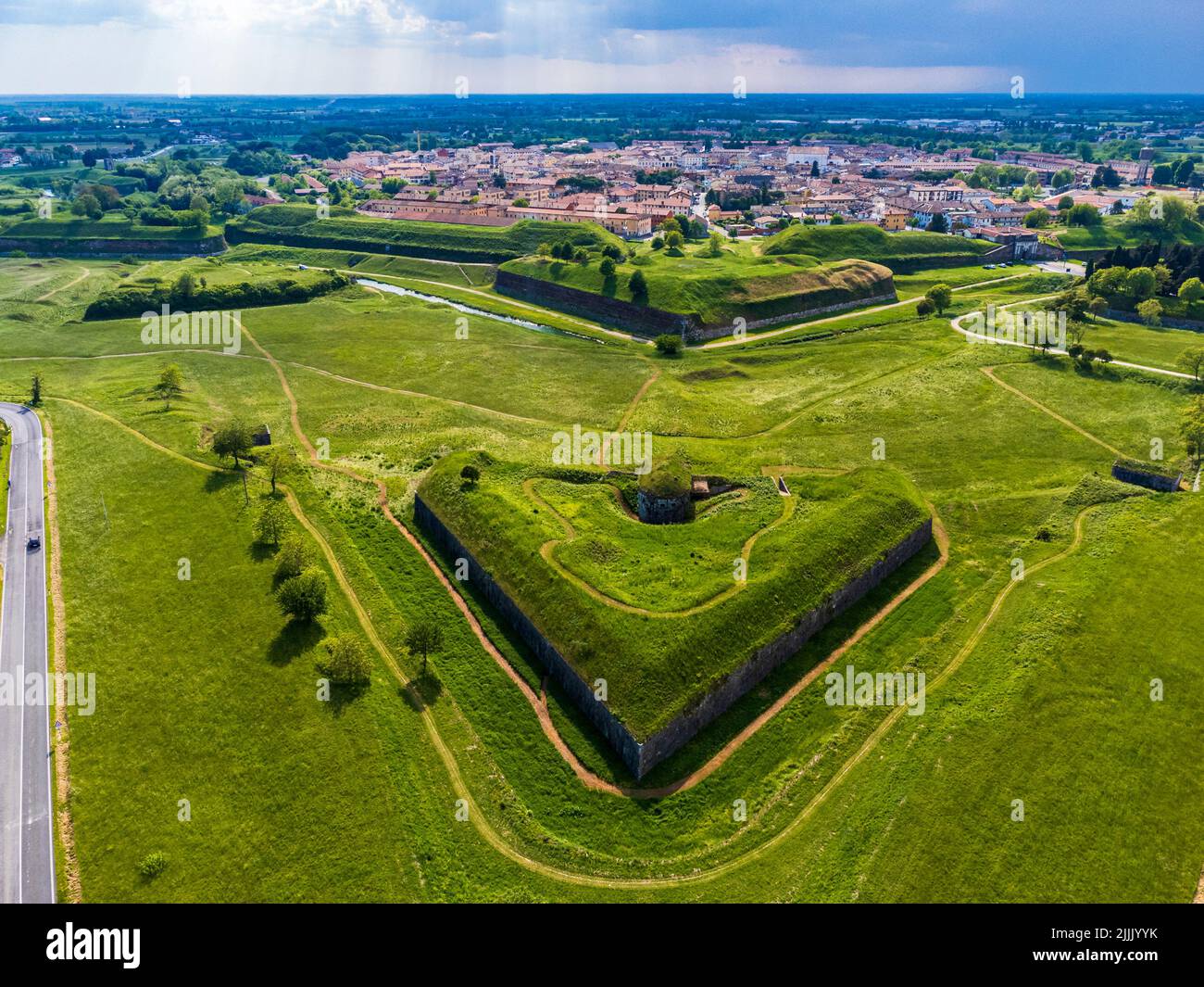 Bird's-eye view of the ancient star-shaped fortified city of Palmanova ...
