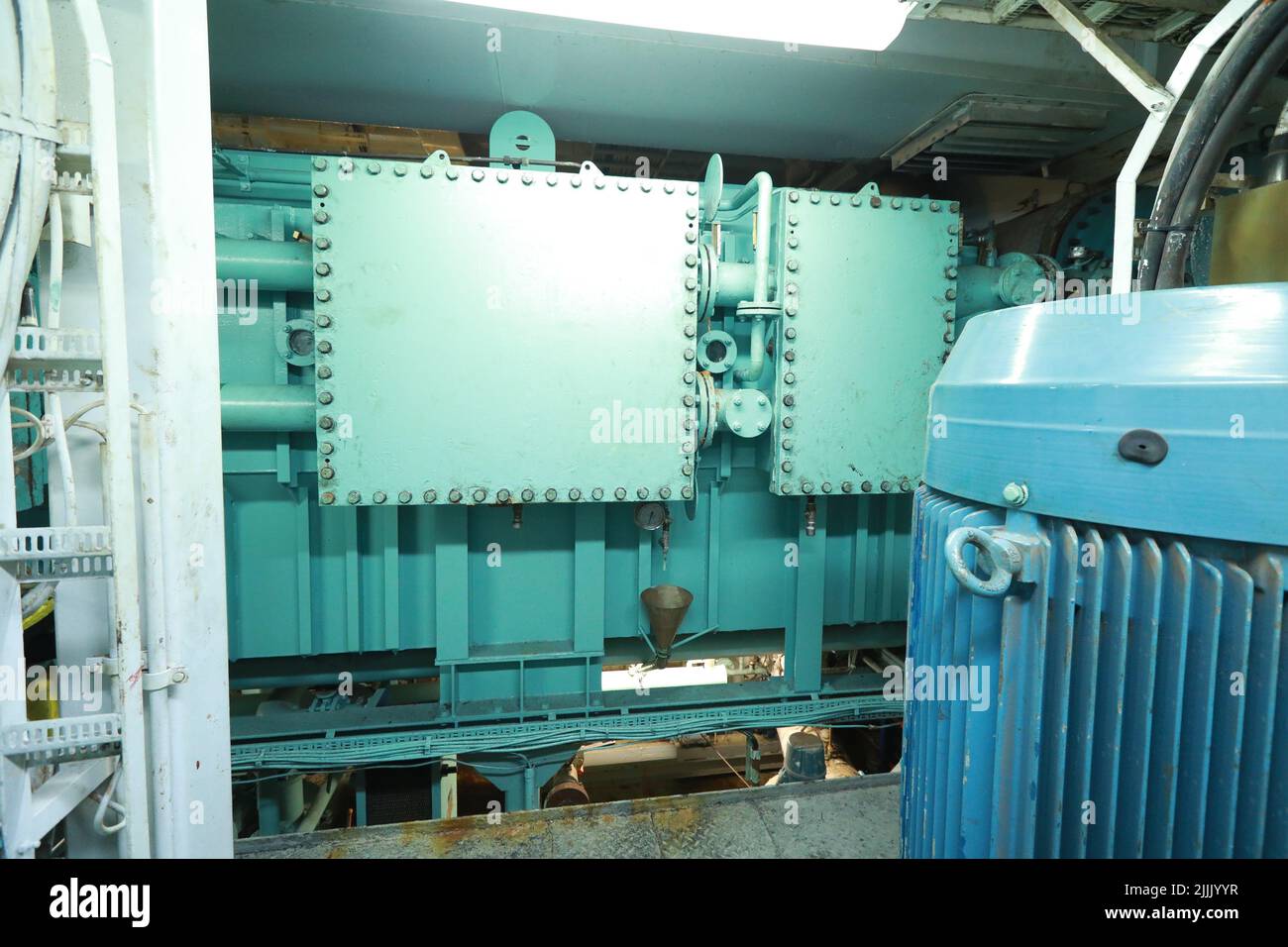 Cruise ship engine room interior with water tight doors electrical and ...