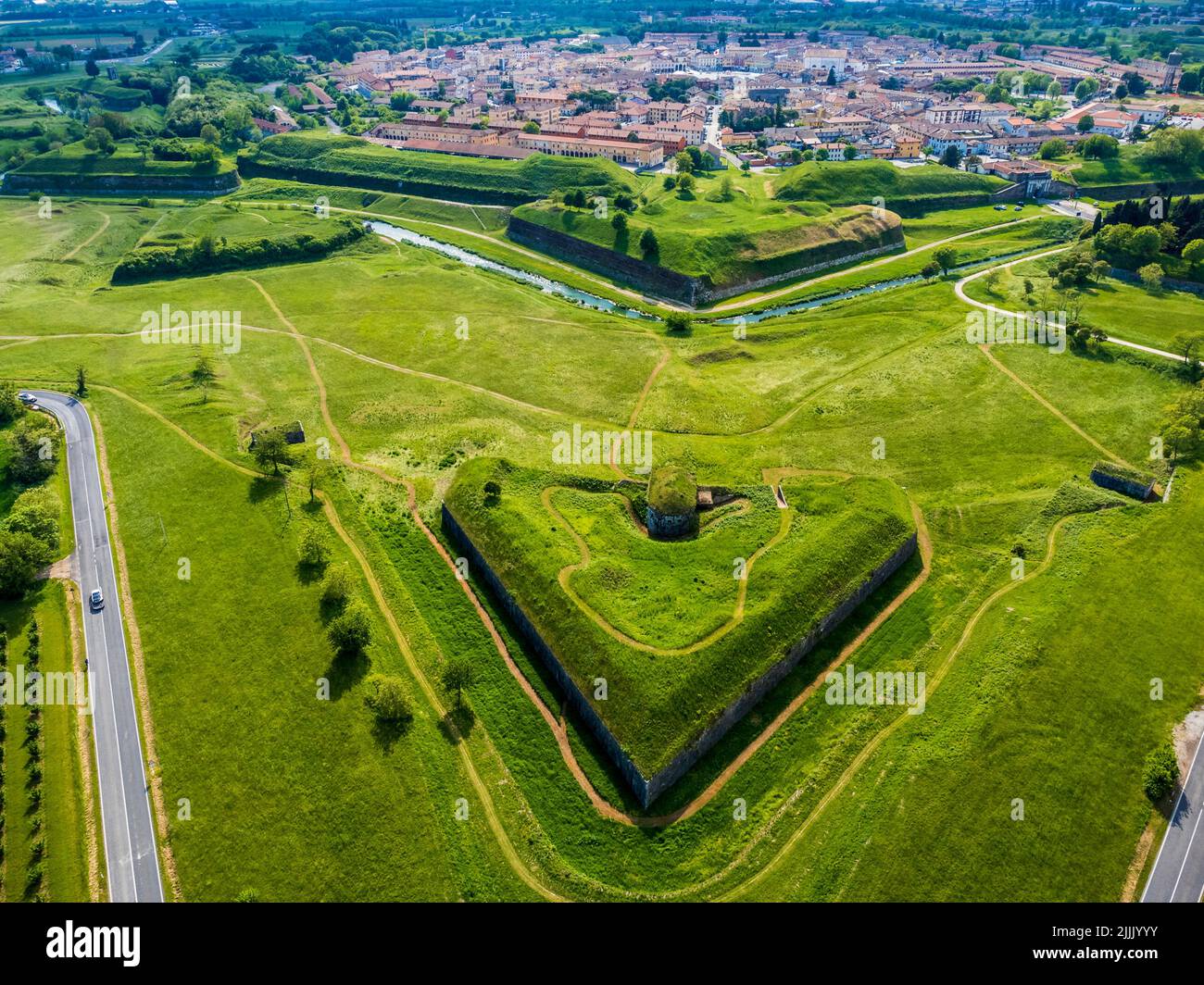 Bird's-eye view of the ancient star-shaped fortified city of Palmanova ...