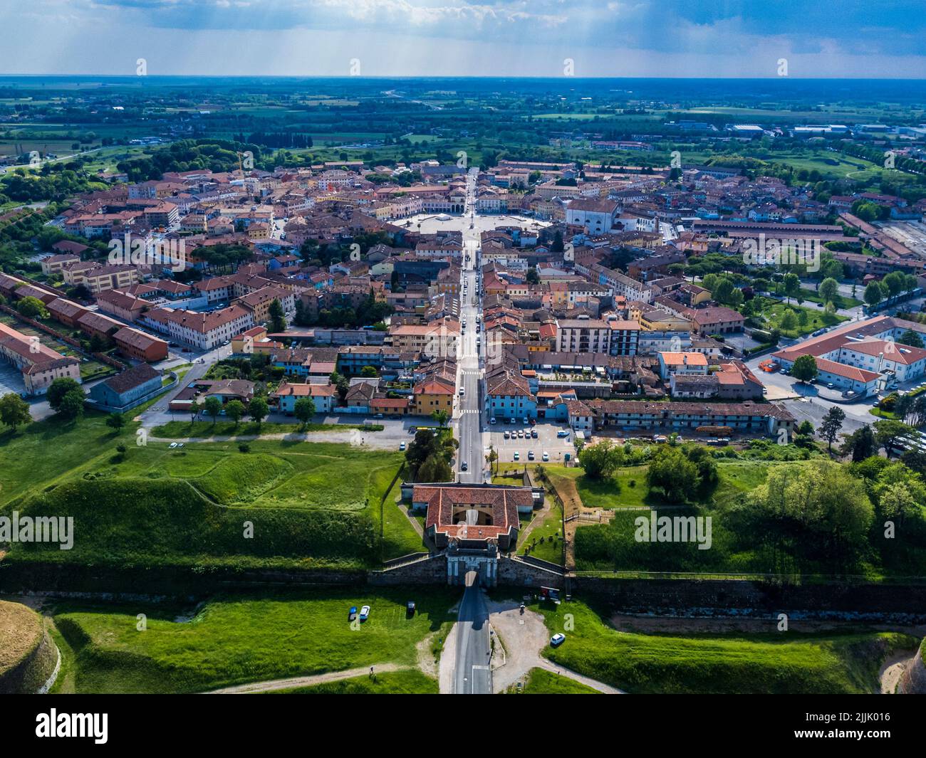 Bird's-eye view of the ancient star-shaped fortified city of Palmanova ...