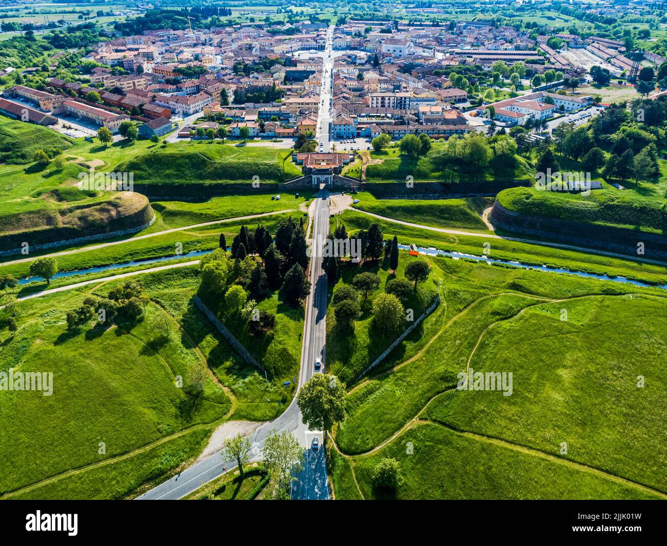 Bird's-eye view of the ancient star-shaped fortified city of Palmanova ...