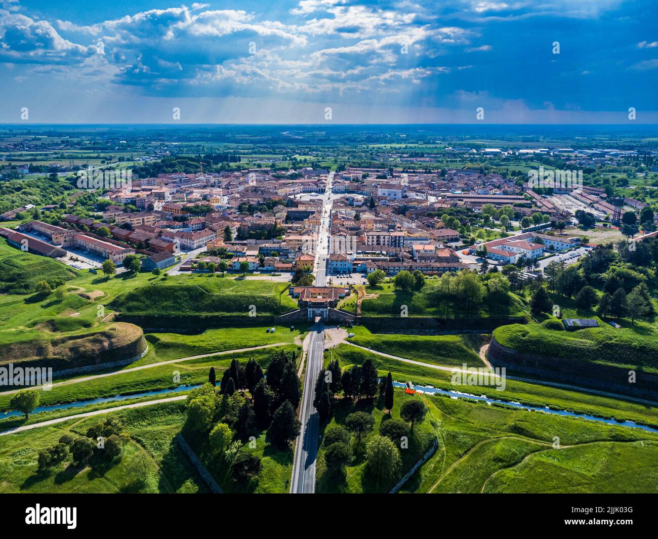 Bird's-eye view of the ancient star-shaped fortified city of Palmanova ...