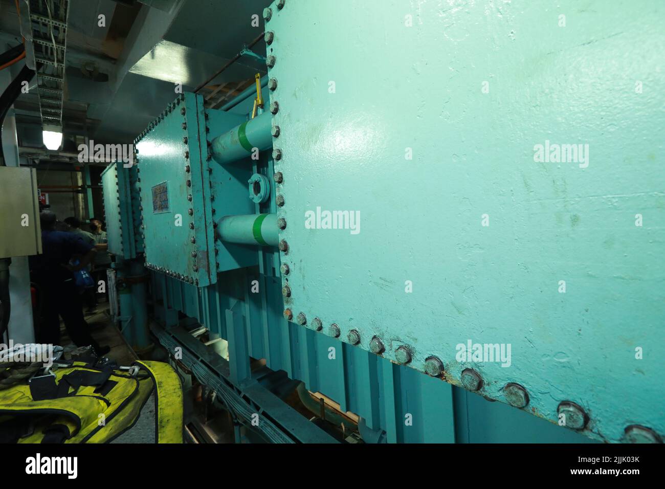 Cruise ship engine room interior with water tight doors electrical and ...