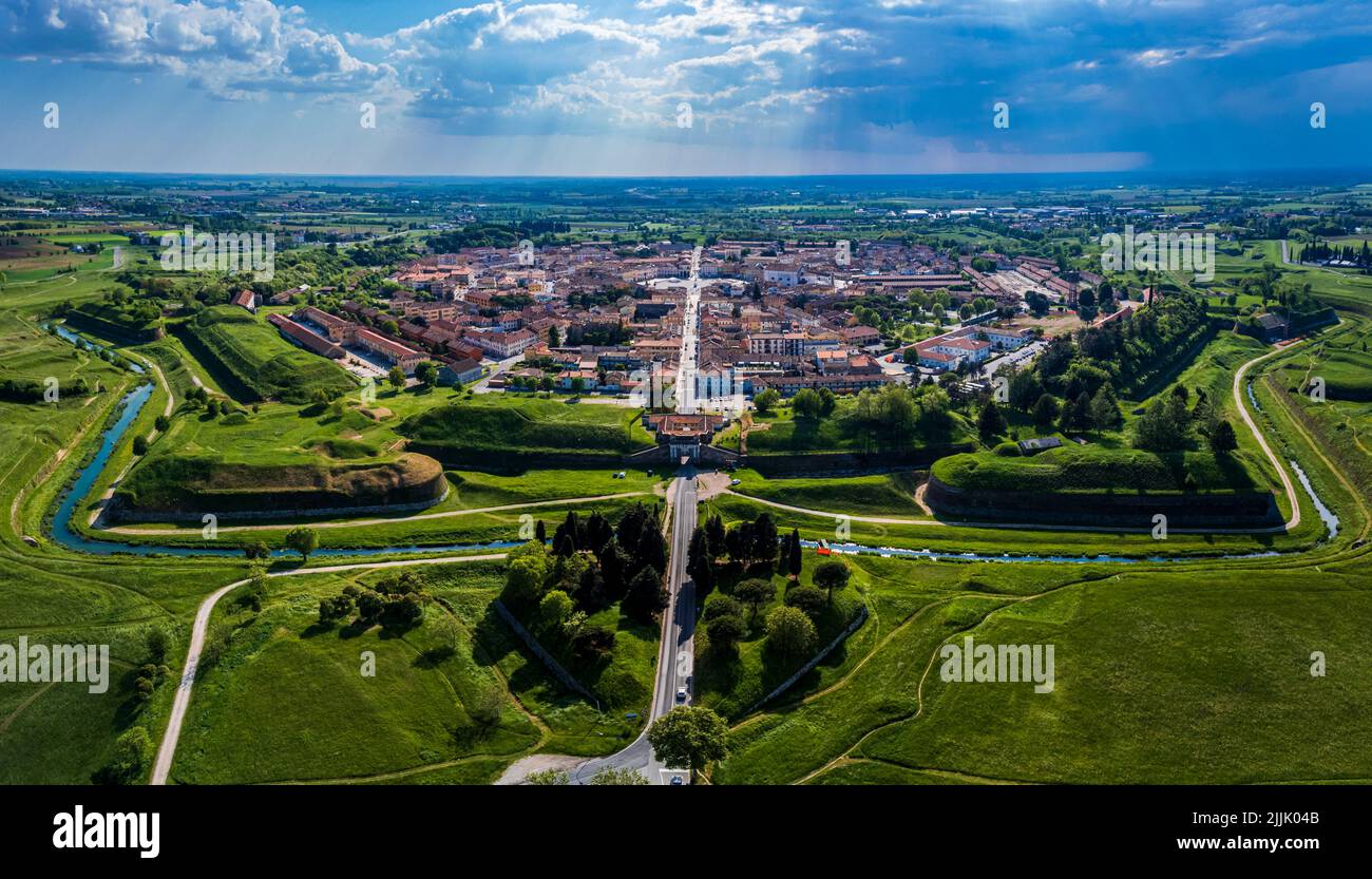 Bird's-eye view of the ancient star-shaped fortified city of Palmanova ...