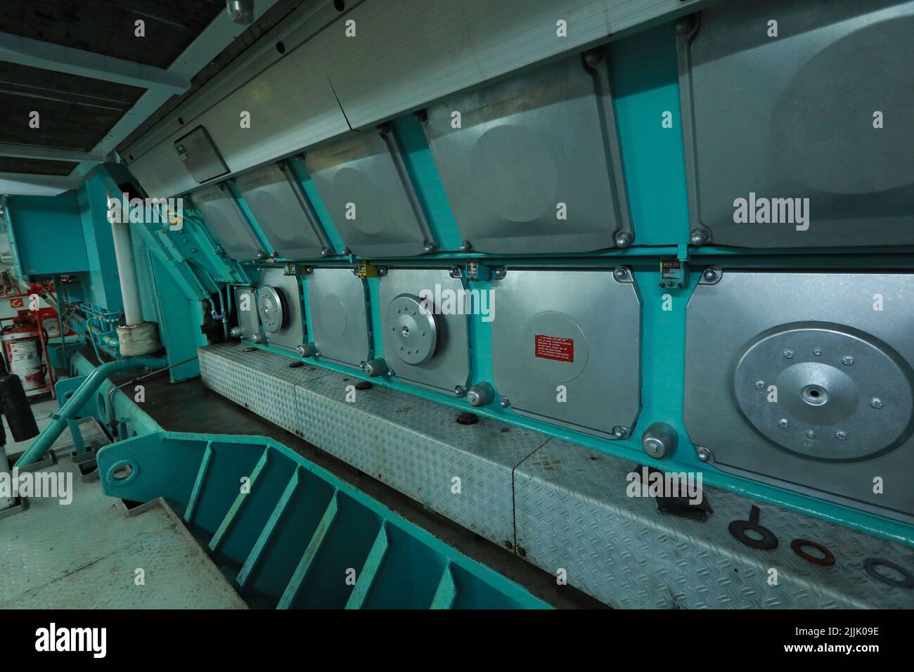 Cruise ship engine room interior with water tight doors electrical and ...