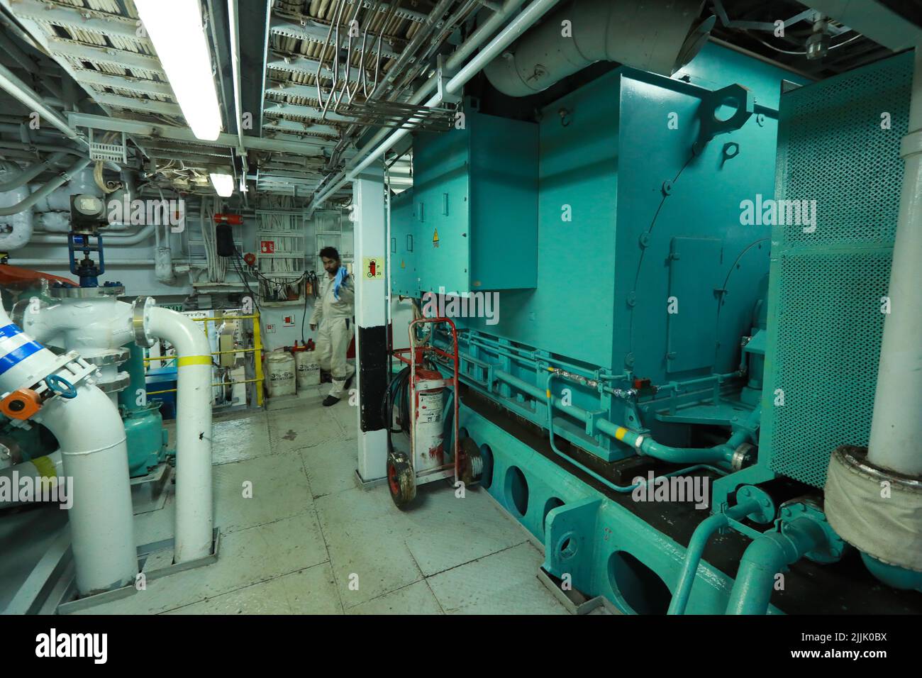 Cruise ship engine room interior with water tight doors electrical and ...