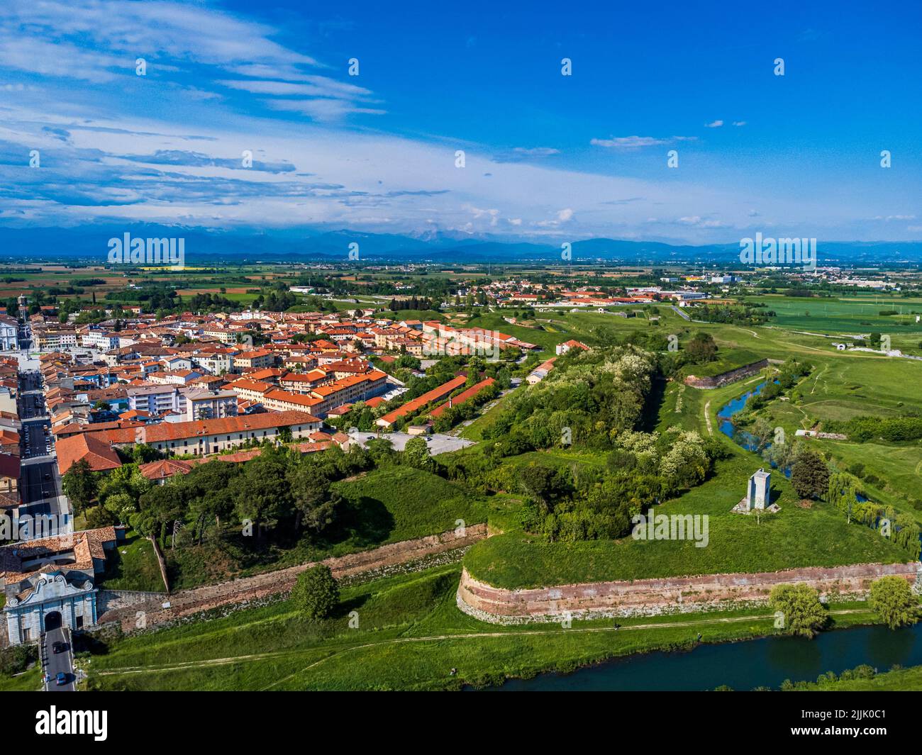 Bird's-eye view of the ancient star-shaped fortified city of Palmanova ...