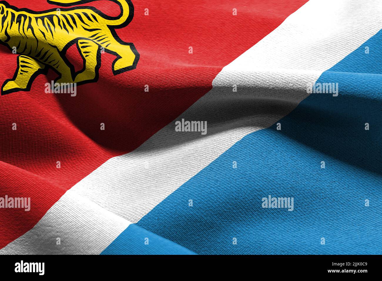 3D illustration flag of Primorsky Krai is a region of Russia. Waving on ...