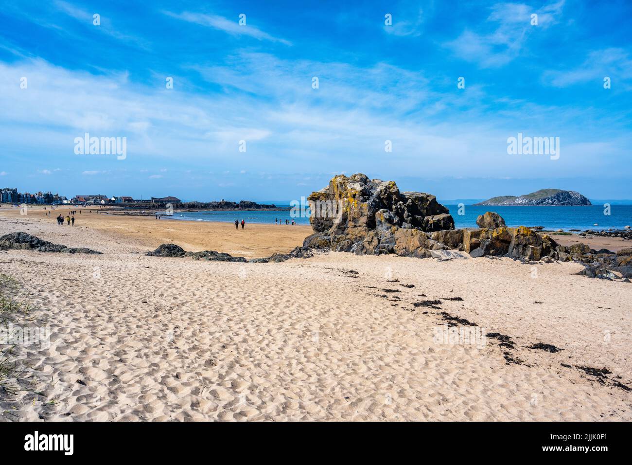Milsey Bay Beach looking west towards Scottish Seabird Centre, with ...