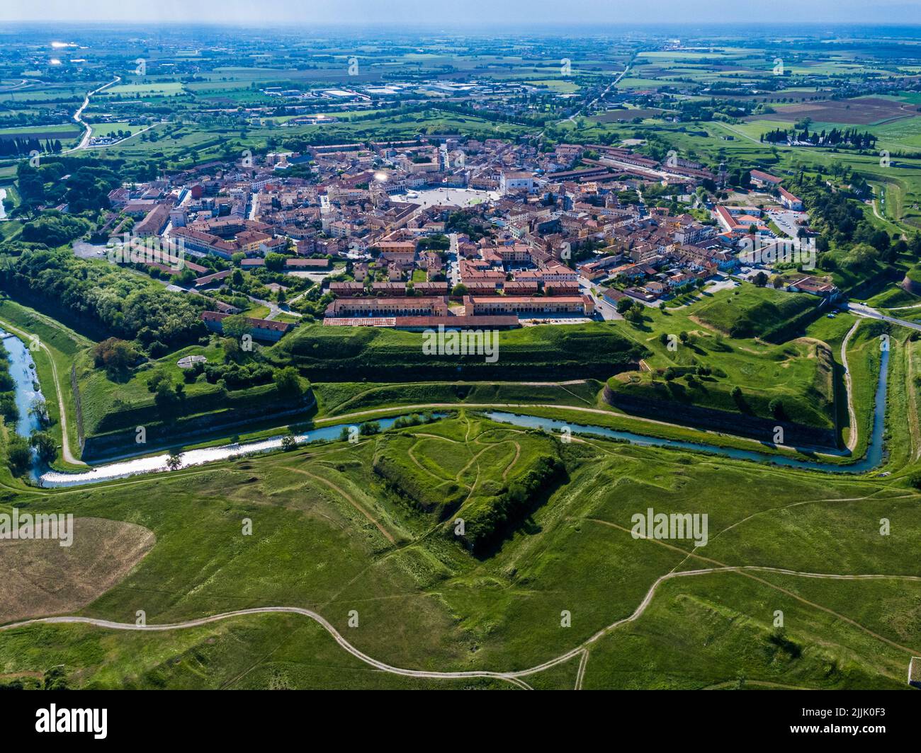 Bird's-eye view of the ancient star-shaped fortified city of Palmanova ...