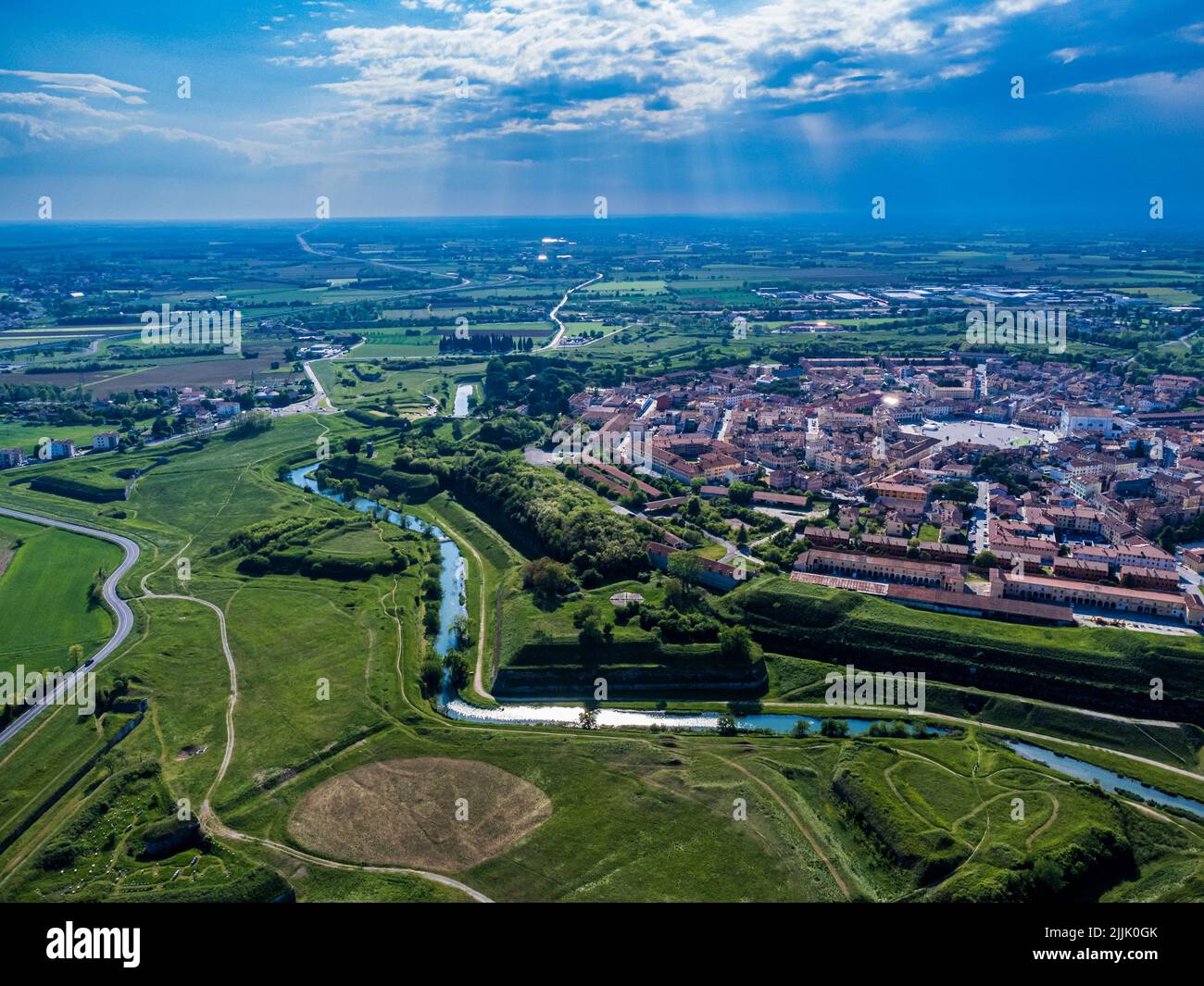 Bird's-eye view of the ancient star-shaped fortified city of Palmanova ...