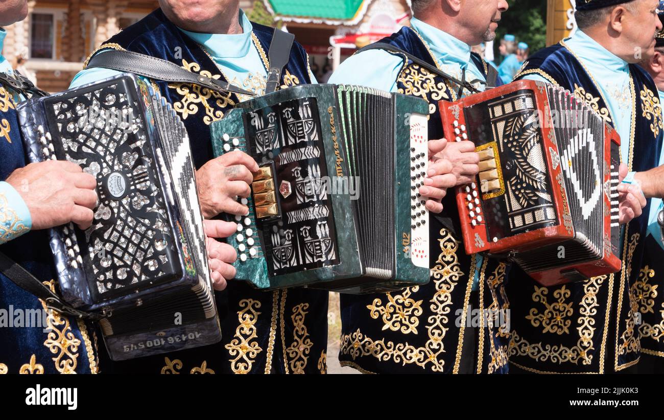 Kazan Russia 2022 June 18 Playing The Accordion Close Up Old