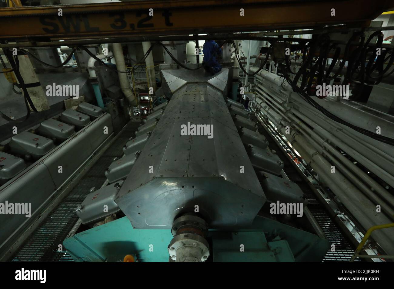 Cruise ship engine room interior with water tight doors electrical and ...
