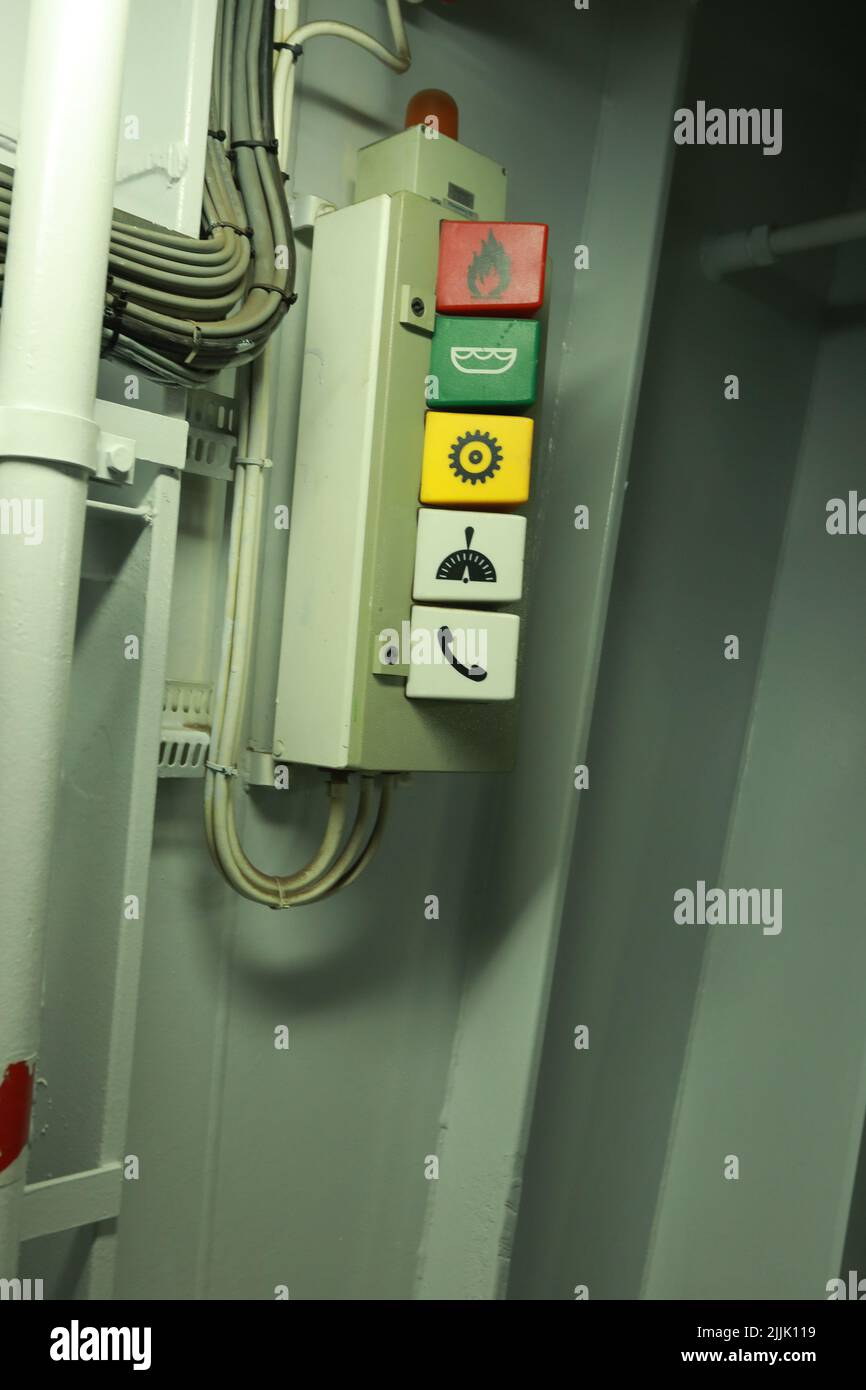 Cruise ship engine room interior with water tight doors electrical and ...