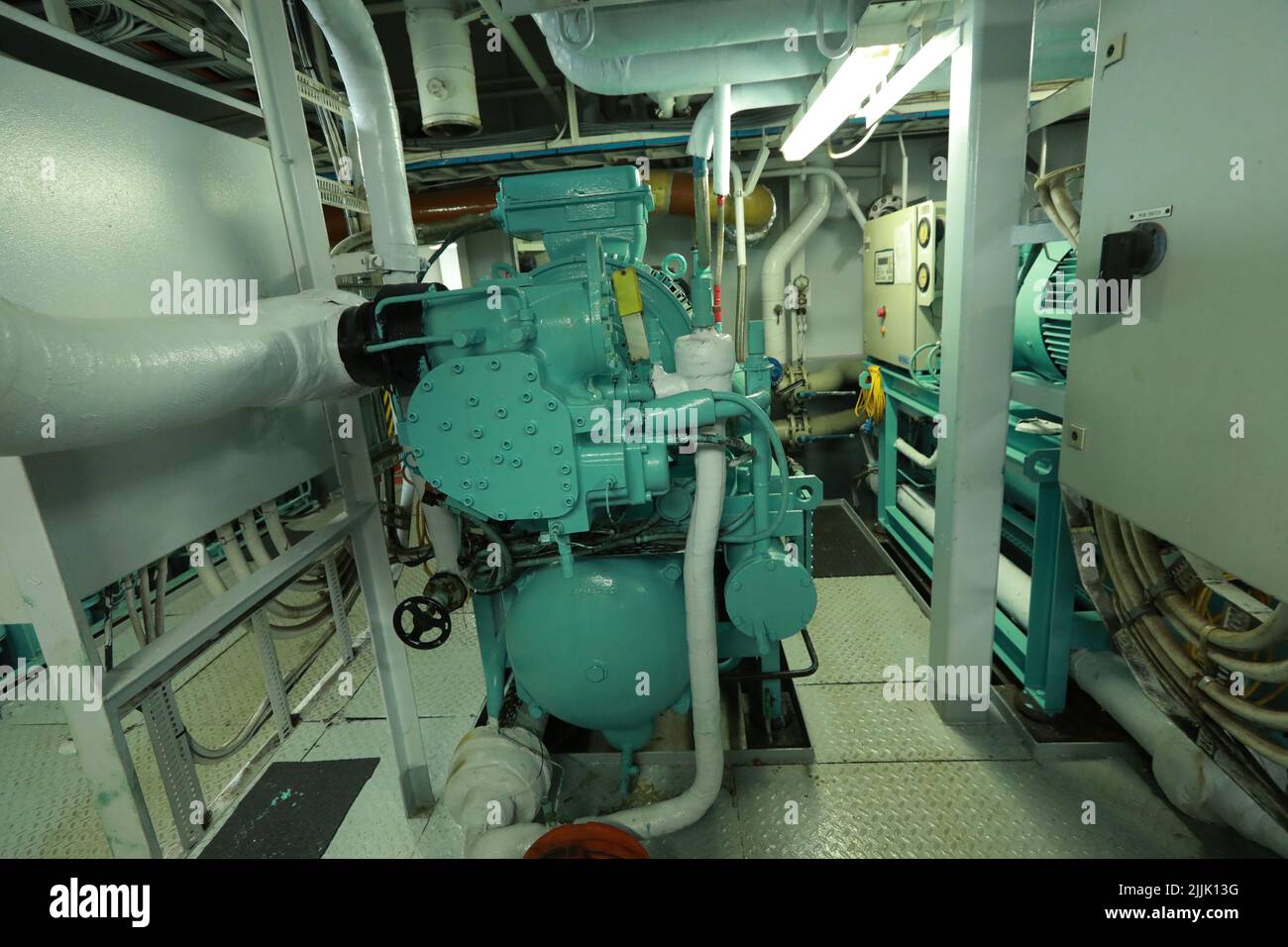 Cruise ship engine room interior with water tight doors electrical and ...