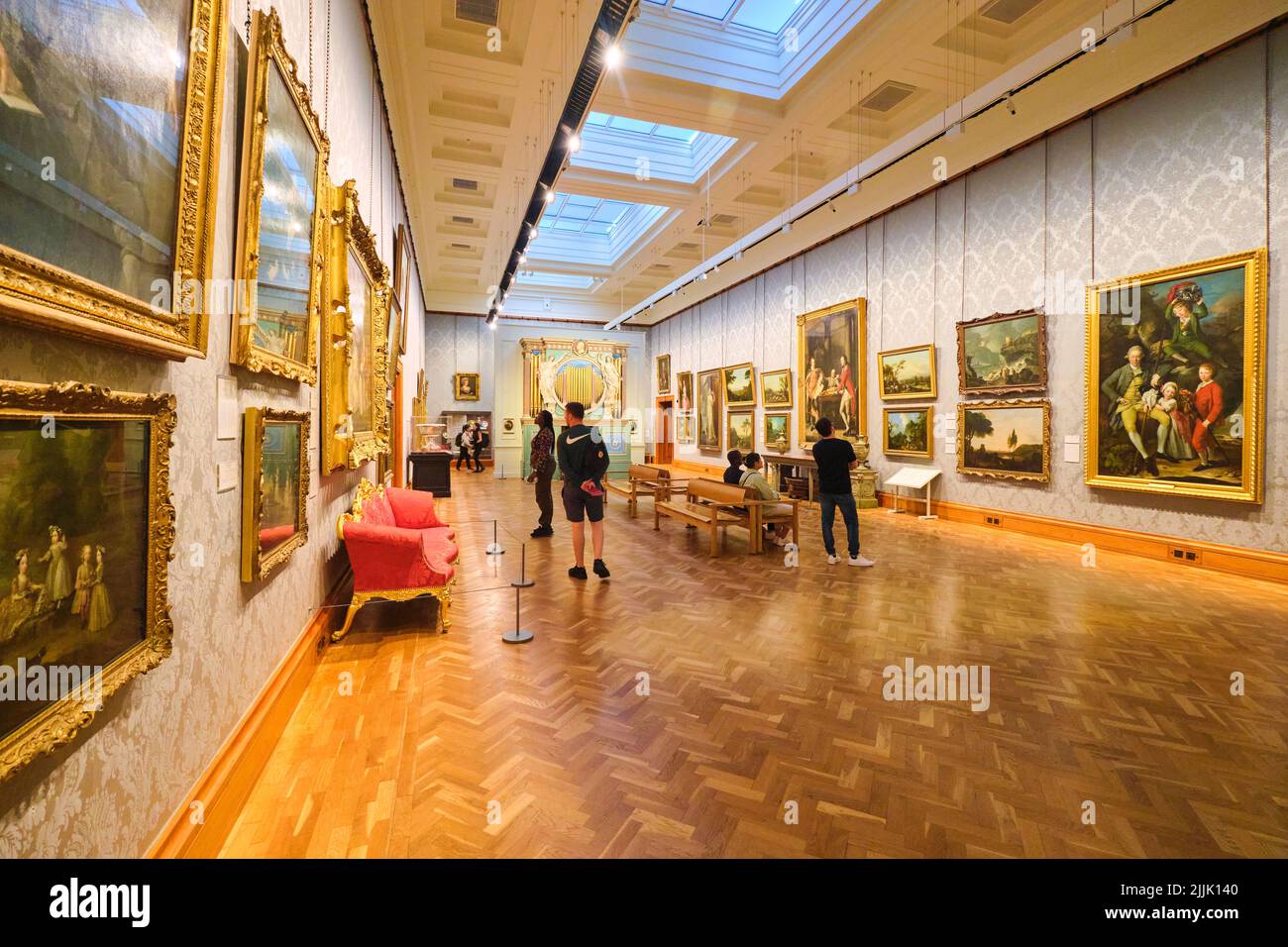 Art gallery view of Old Master paintings and objects and an elaborate ...