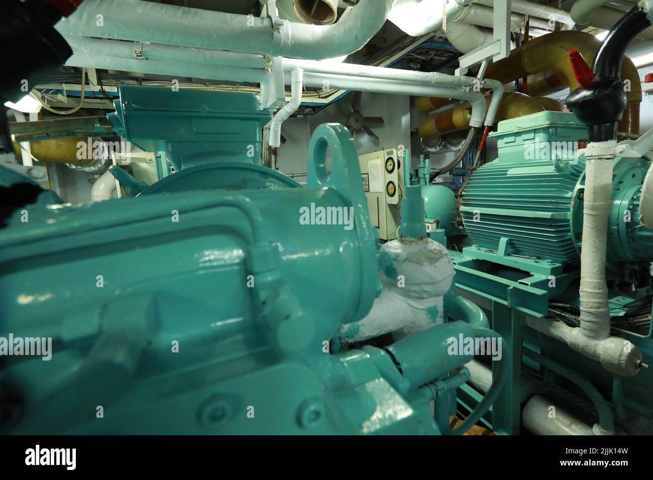 Cruise ship engine room interior with water tight doors electrical and ...