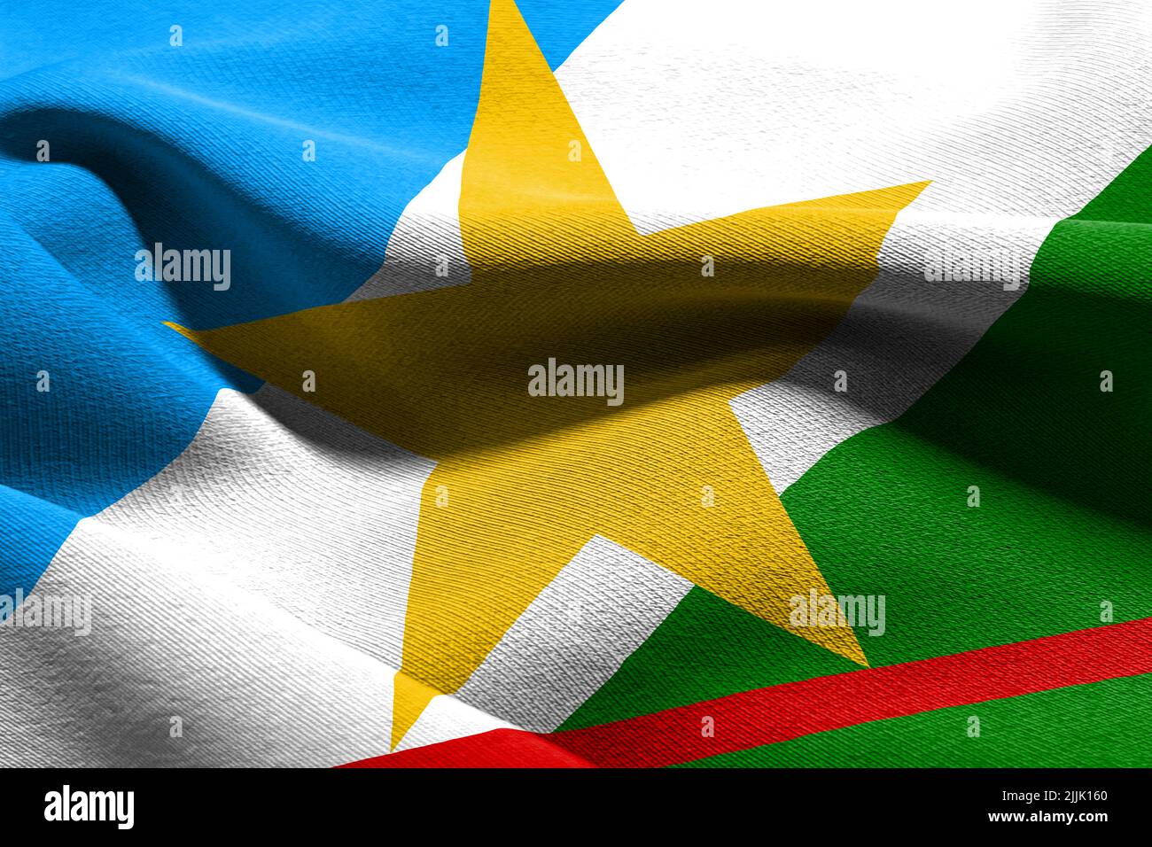 3D illustration flag of Roraima is a state of Brazil. Waving on the wind flag textile background ...