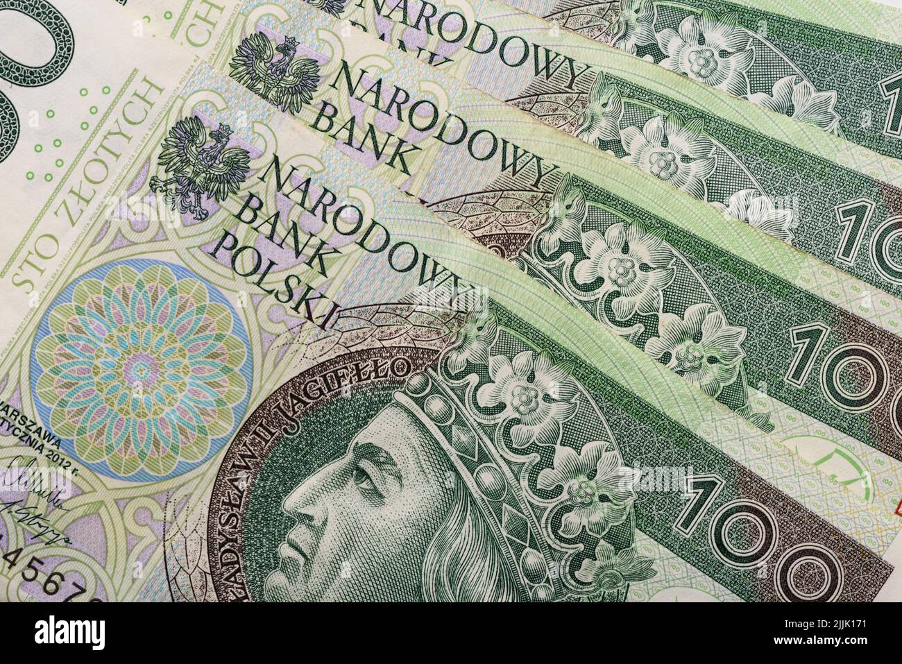 Polish paper currency, 100 zloty PLN bills closeup background top view ...