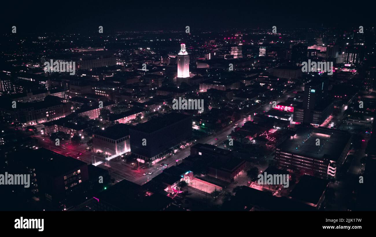 An aerial view of University of Texas surrounded by buildings in Austin ...