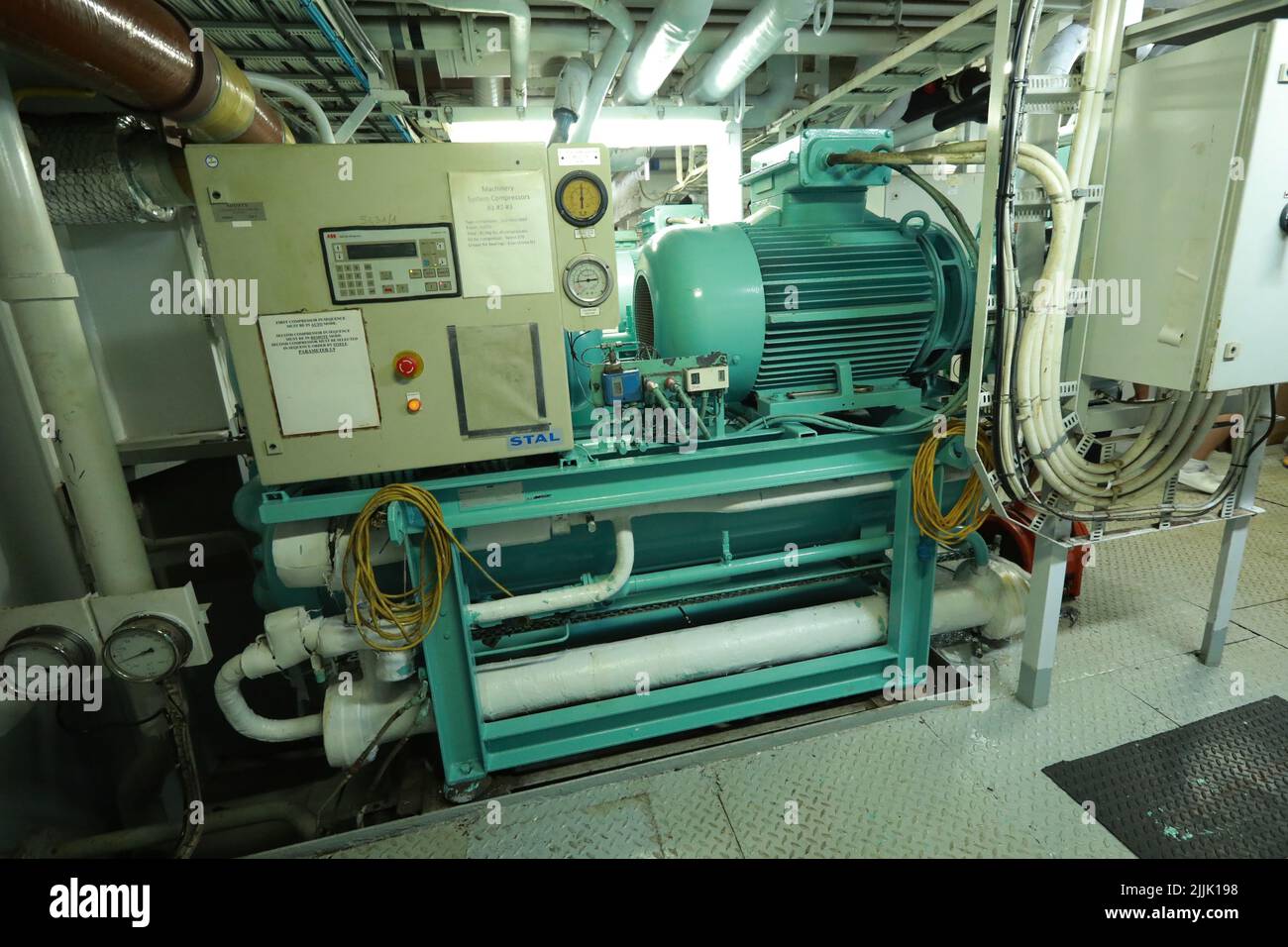 Cruise ship engine room interior with water tight doors electrical and ...