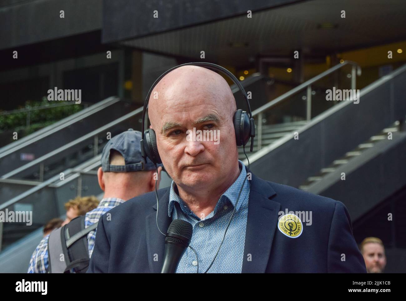 London, UK. 27th July 2022. RMT General Secretary Mick Lynch gives an ...
