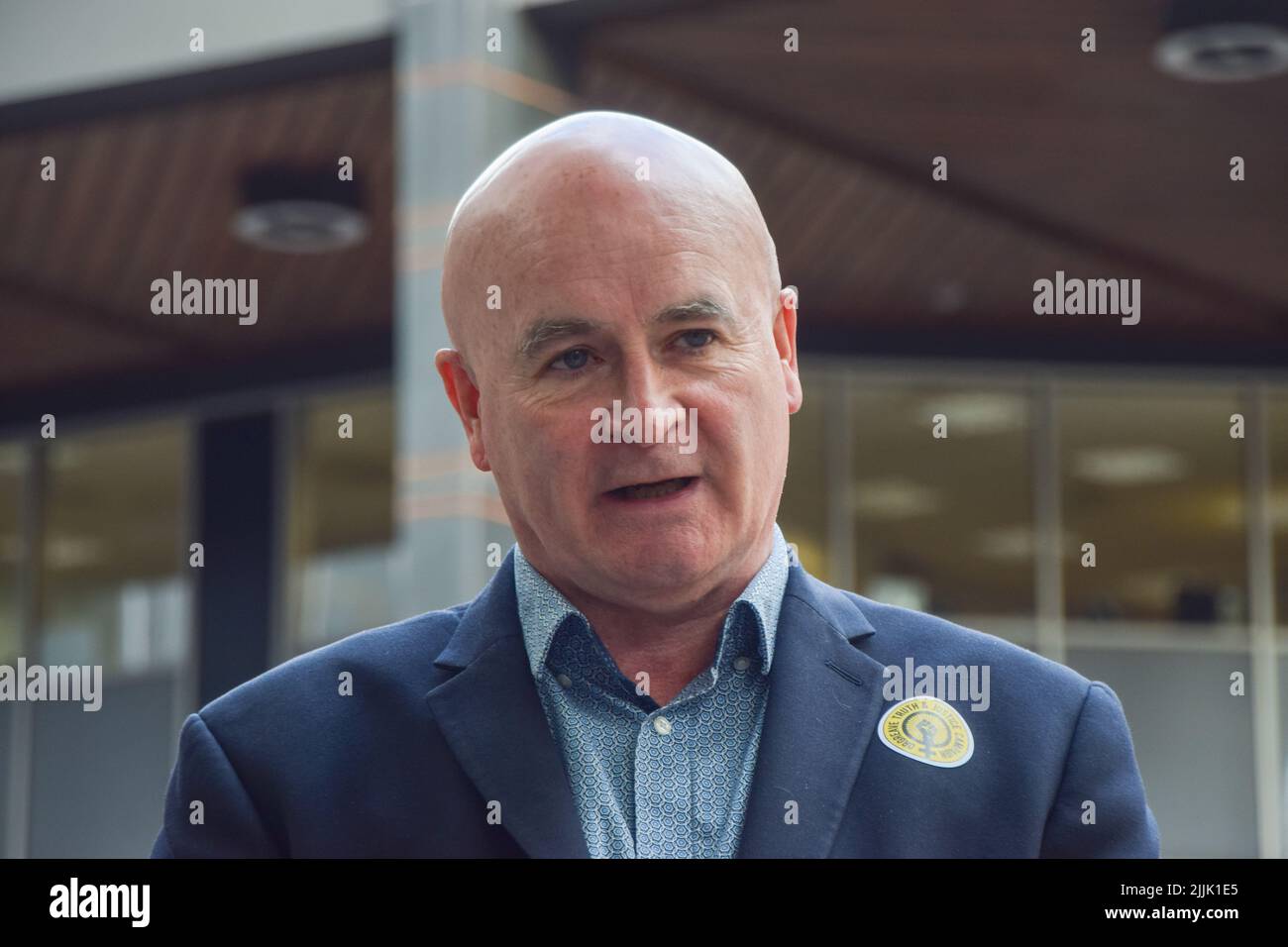 London, UK. 27th July 2022. RMT General Secretary Mick Lynch gives an ...