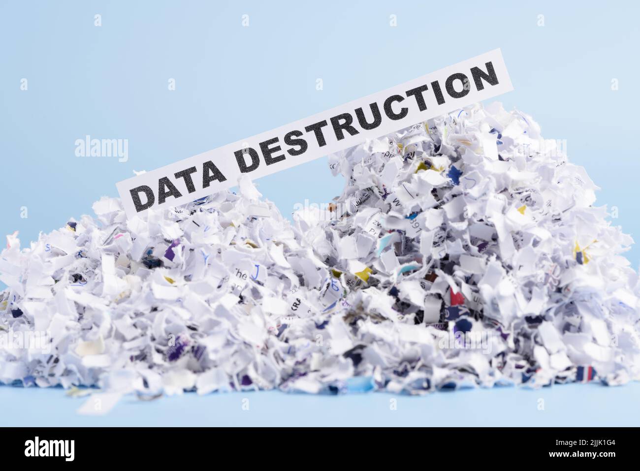 Words Data destruction on top of heap of cross shredded paper concept ...