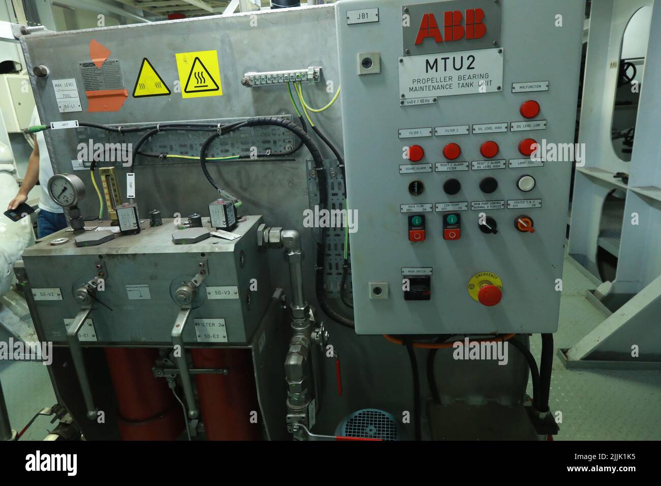 Cruise ship engine room interior with water tight doors electrical and ...