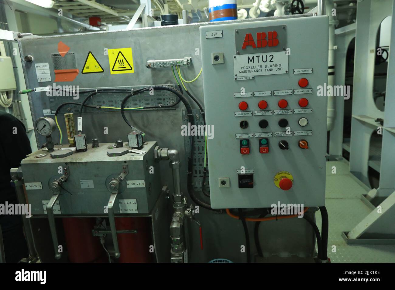 Cruise ship engine room interior with water tight doors electrical and ...