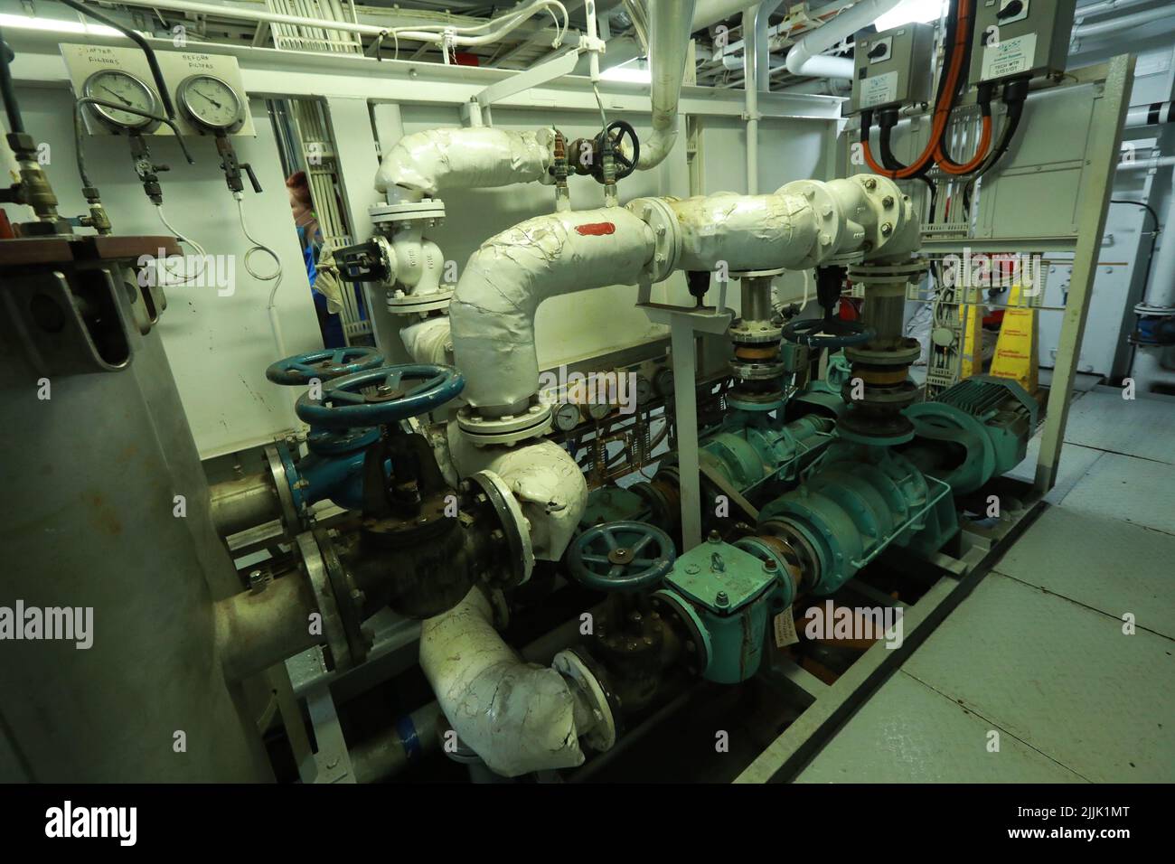 Cruise ship engine room interior with water tight doors electrical and ...