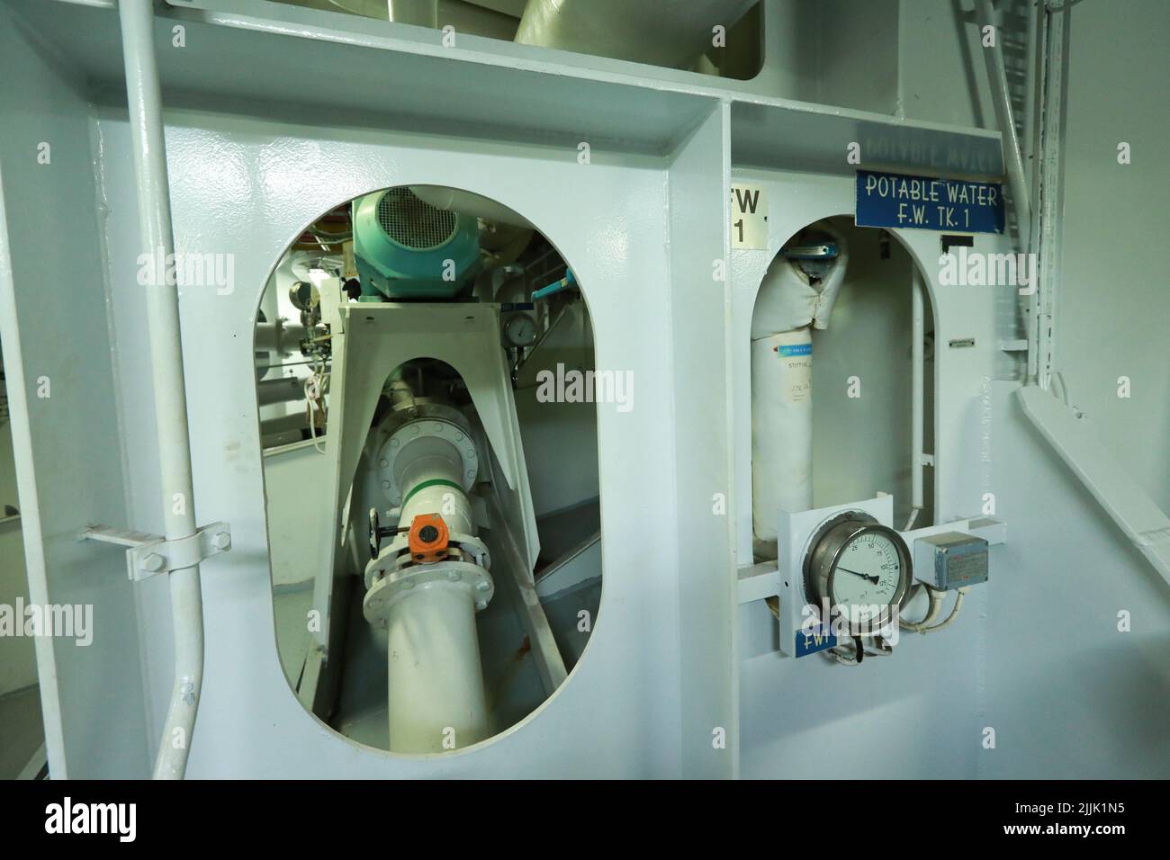 Cruise ship engine room interior with water tight doors electrical and ...