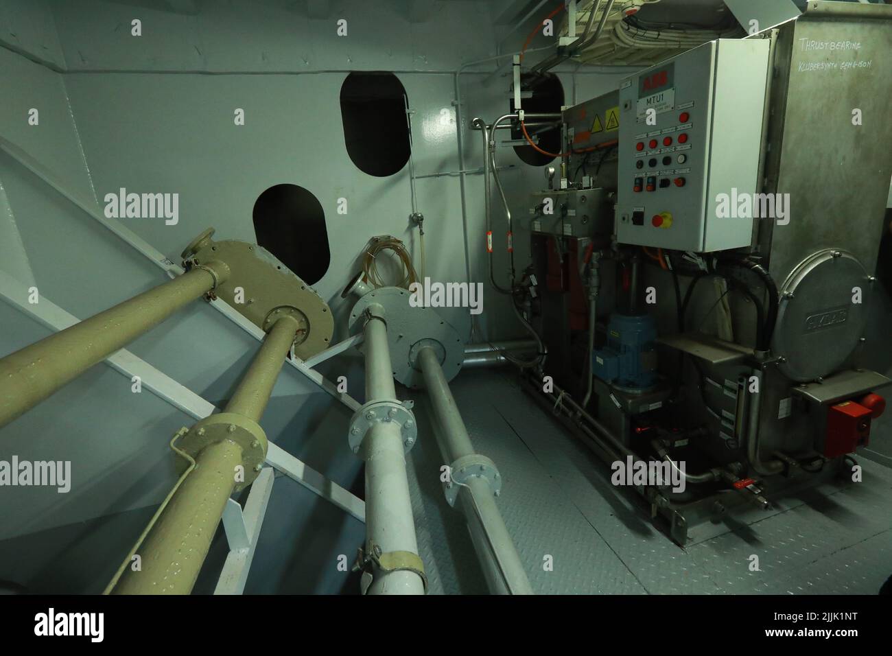 Cruise ship engine room interior with water tight doors electrical and ...