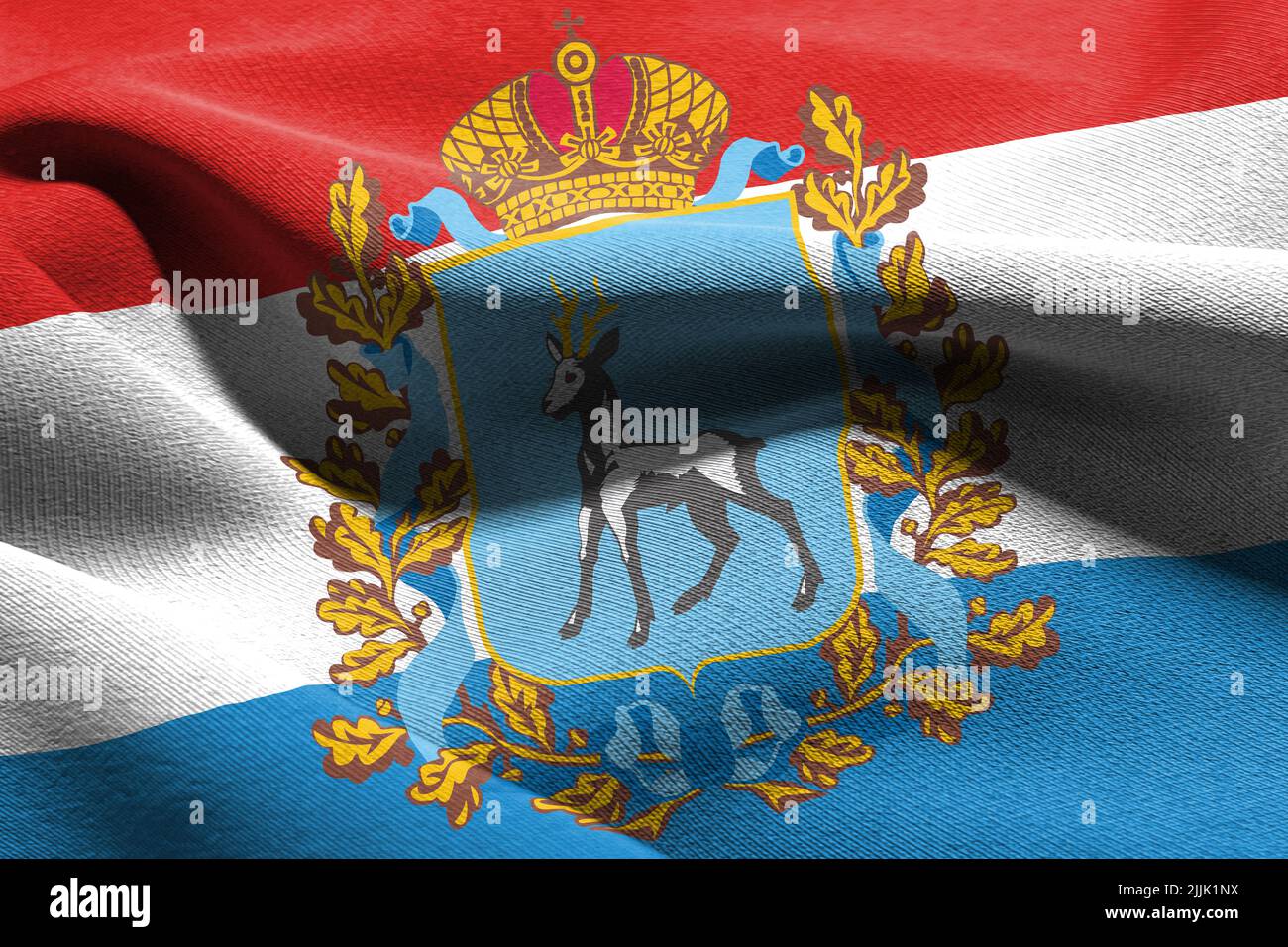 3D illustration flag of Samara Oblast is a region of Russia. Waving on ...
