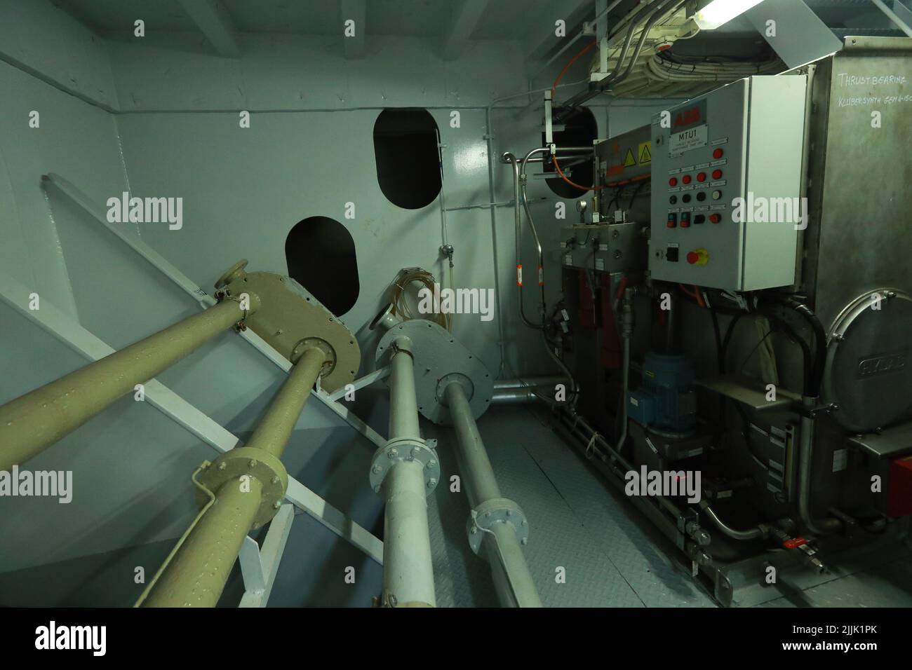 Cruise ship engine room interior with water tight doors electrical and ...