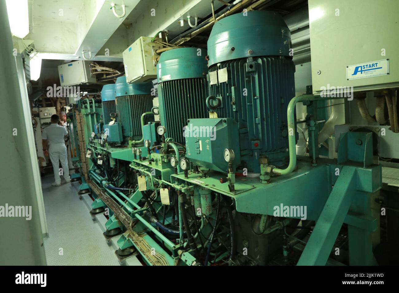 Cruise ship engine room interior with water tight doors electrical and ...