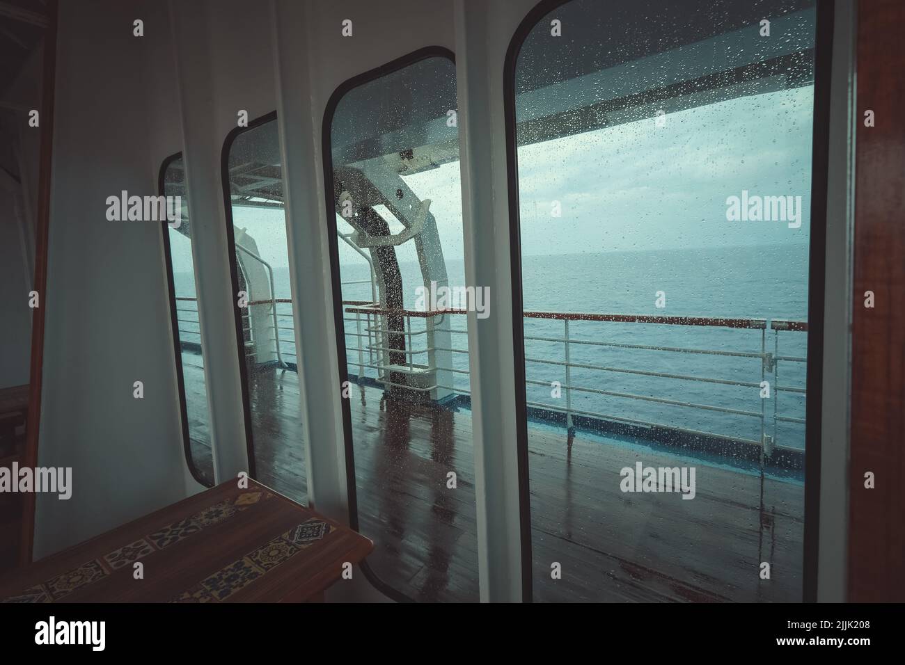 Cruise ship Open deck with Rescue Lifeboats and life buoy through the ...