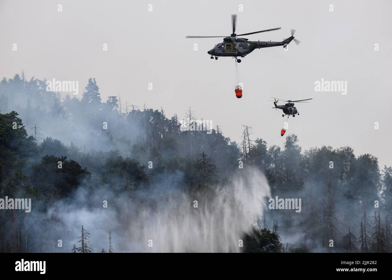 Hrensko, Czech Republic. 27th July, 2022. Helicopters are used to ...