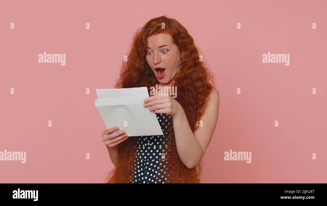 Woman Open Envelope Take Out Letter Reads It Feel Happy. Career Growth ...
