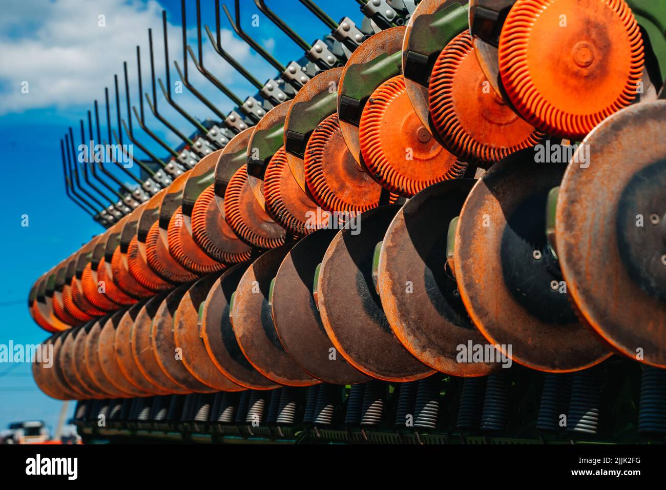 Row seed drill grain. Seed sowing device. Agricultural activity. Close ...