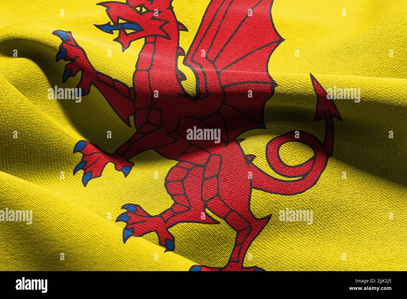 3D illustration flag of Somerset is a region of England. Waving on the ...