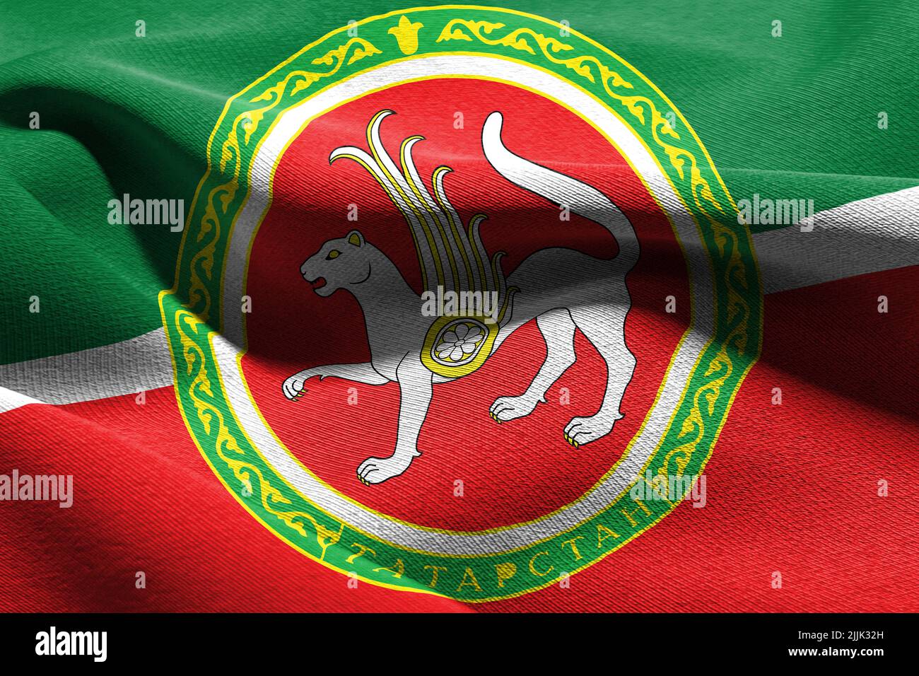 3D illustration flag of Tatarstan is a region of Russia. Waving on the ...