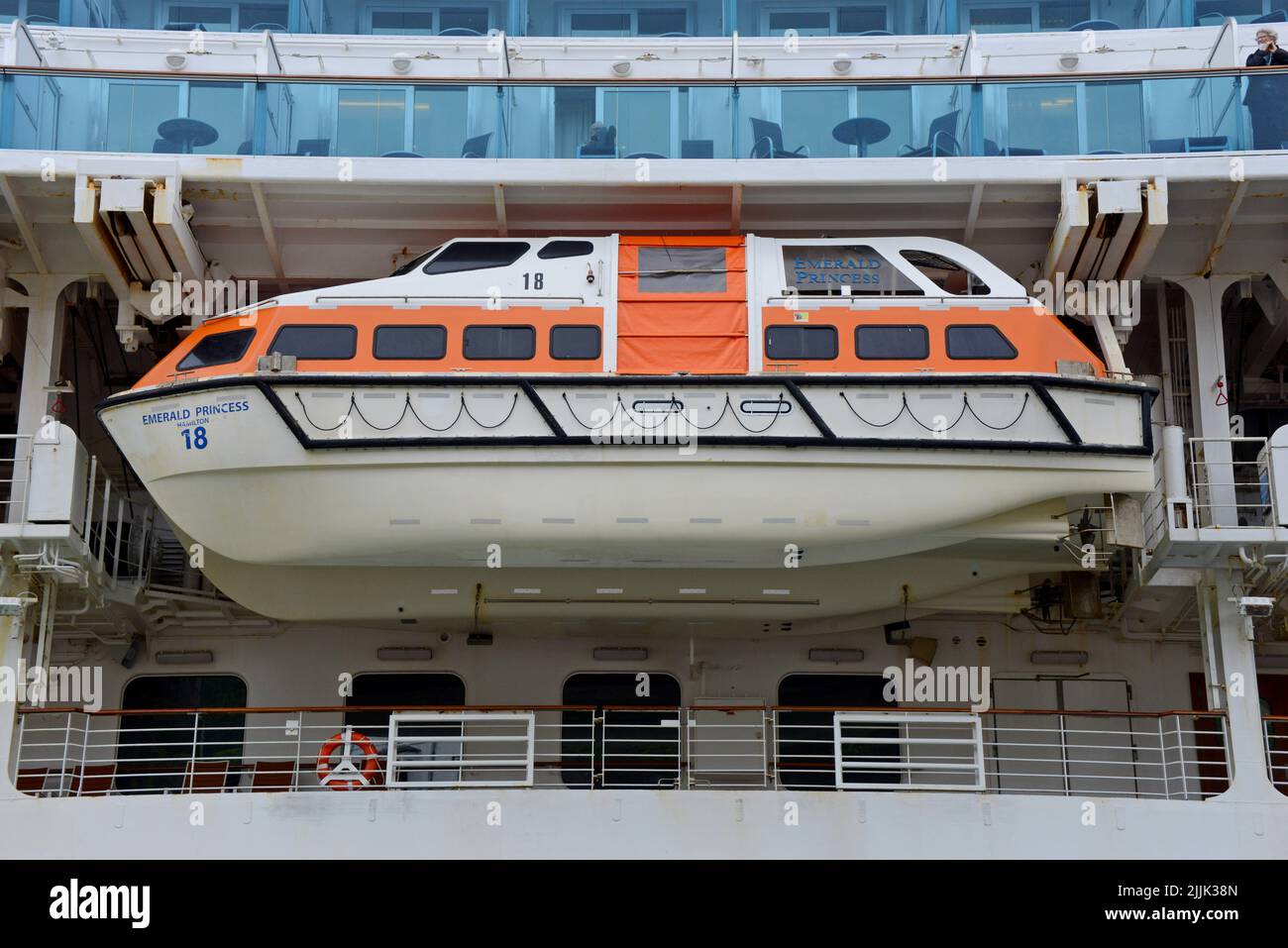 Lifeboats on the Emerald Princess cruise ship moored alongside the ...