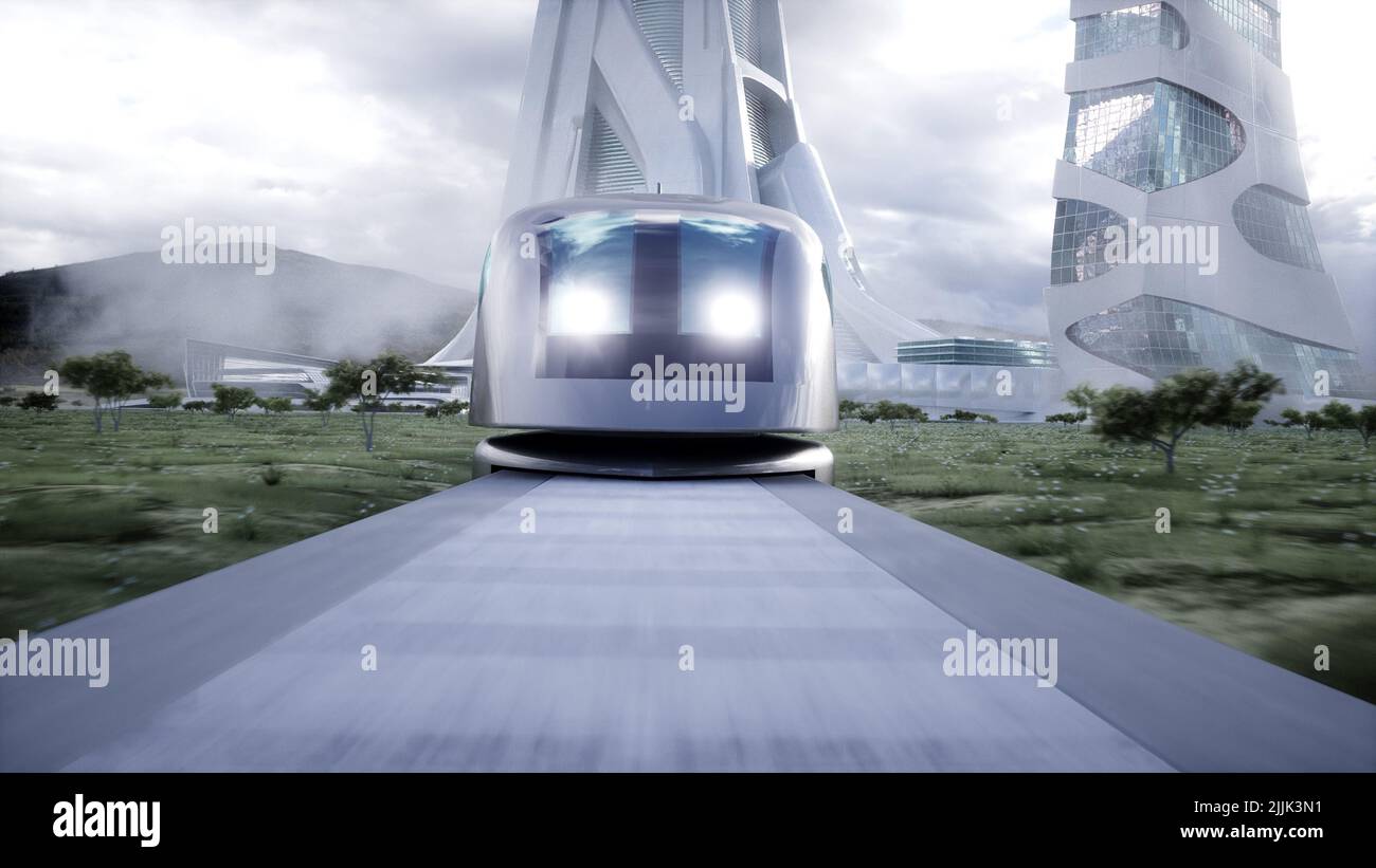 Futuristic train very fast driving. Futuristic city concept. 3d ...